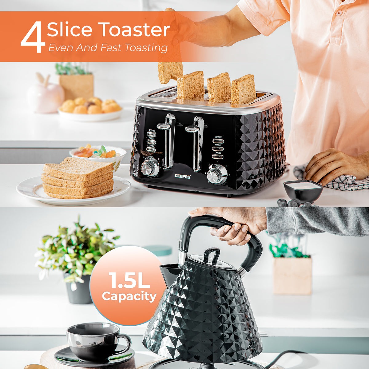 4 Slice Bread Toaster & 1.5L Electric Kettle Combo | Geepas UK