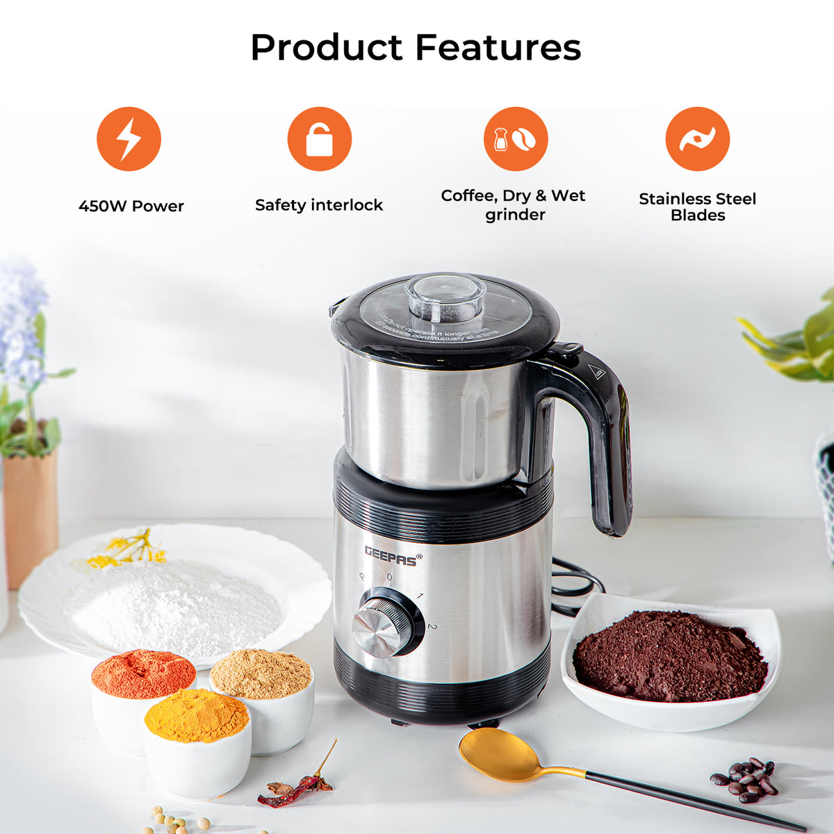 450W Electric Wet & Dry Grinder with Stainless Steel Jar & Blades