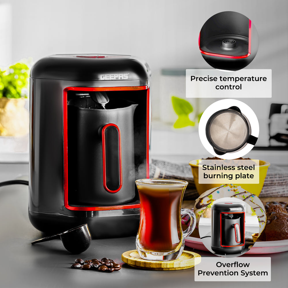 4-Cup Black & Red Automatic Turkish Coffee Maker | Geepas UK