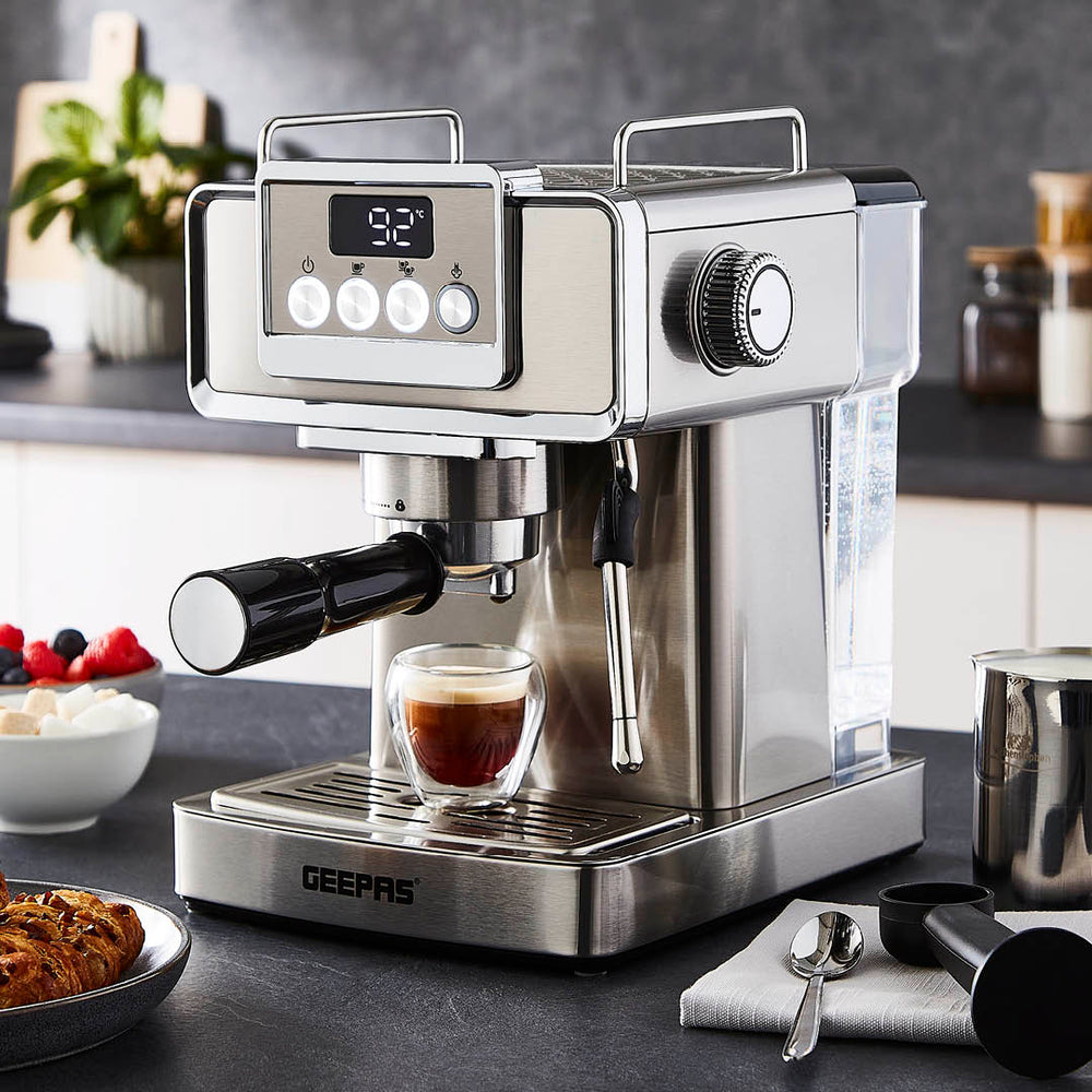 Luxury 20-Bar Espresso Silver Coffee Machine | Geepas UK