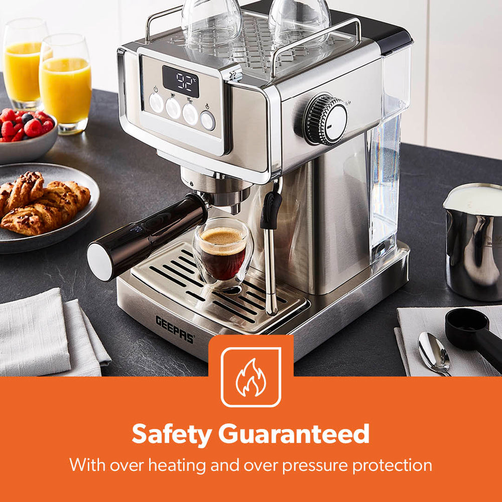 Luxury 20-Bar Espresso Silver Coffee Machine | Geepas UK