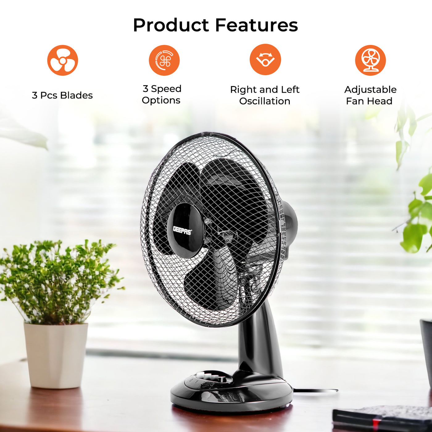 Portable 12-Inch Black Table Fan with 3 Speed Settings | Geepas UK