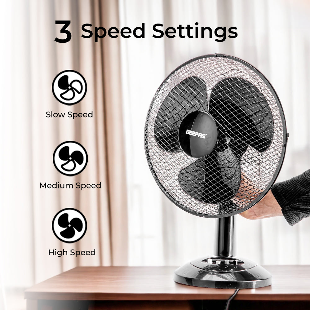Portable 12-Inch Black Table Fan with 3 Speed Settings | Geepas UK