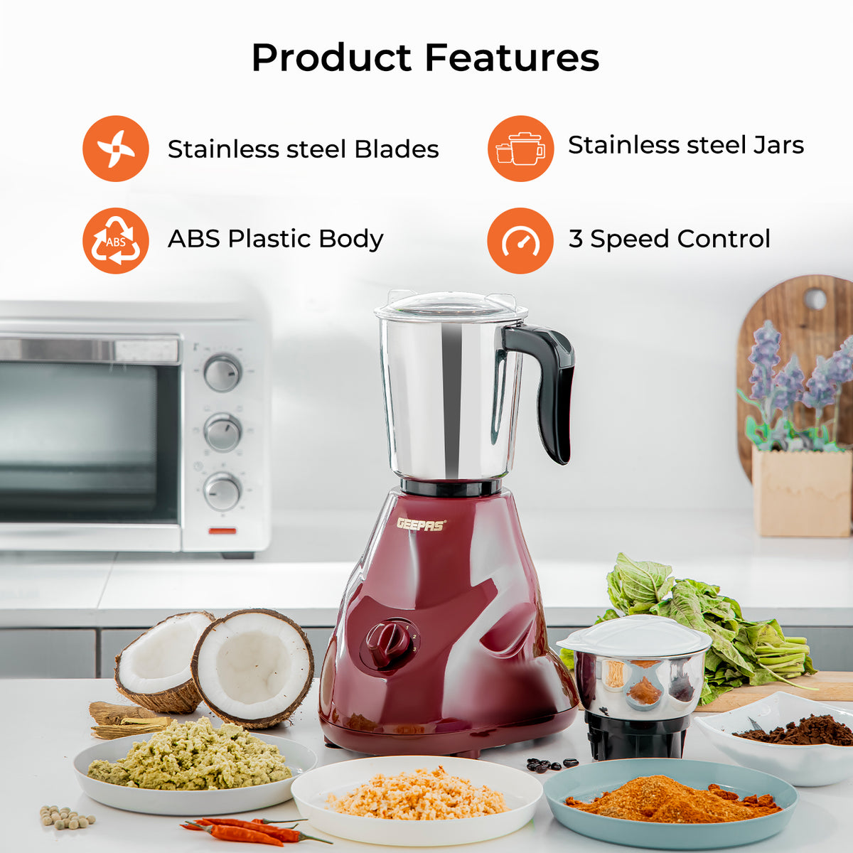 Geepas 2-In-1 Multifunctional Wet and Dry Indian Mixer Grinder 550W