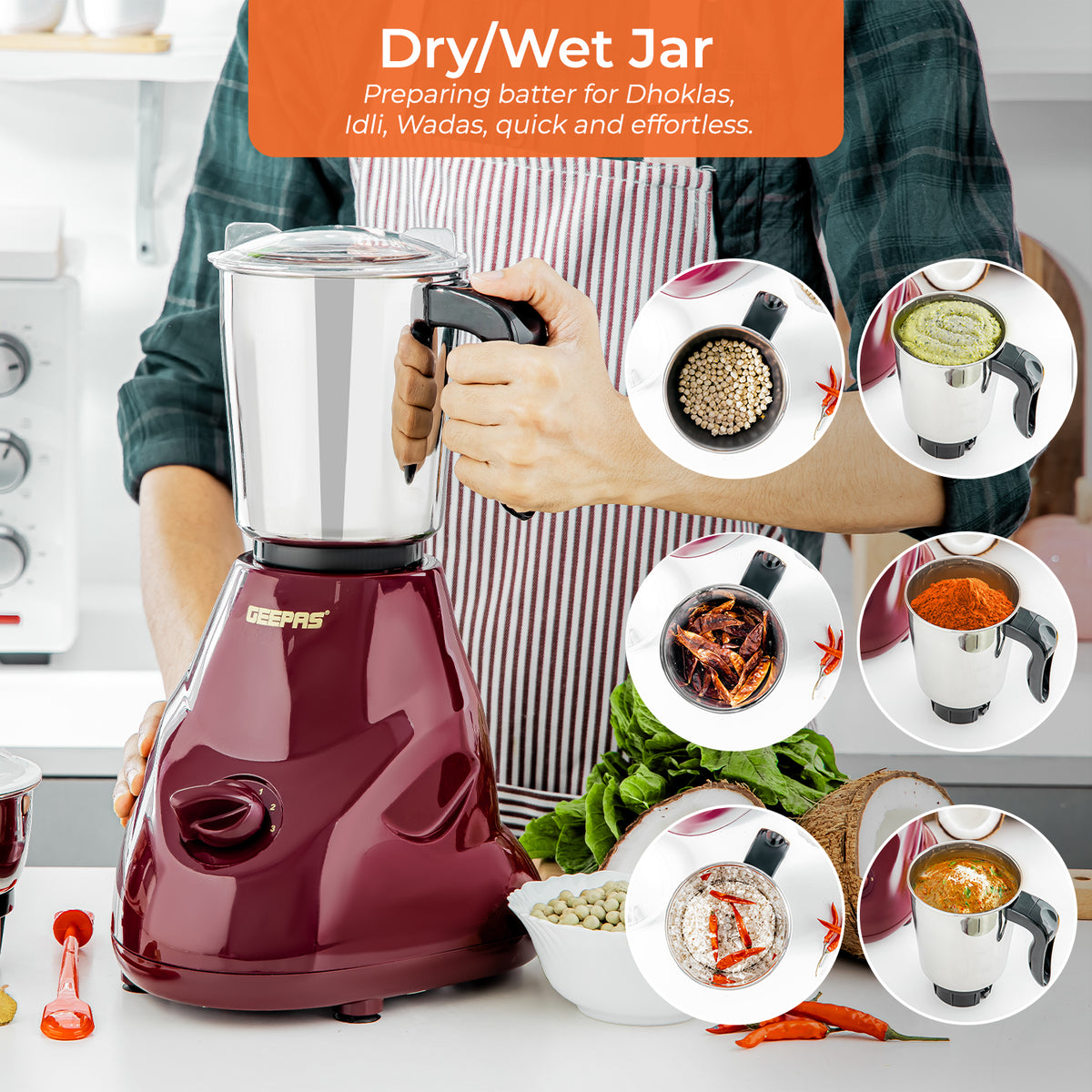 Geepas 2-In-1 Multifunctional Wet and Dry Indian Mixer Grinder 550W