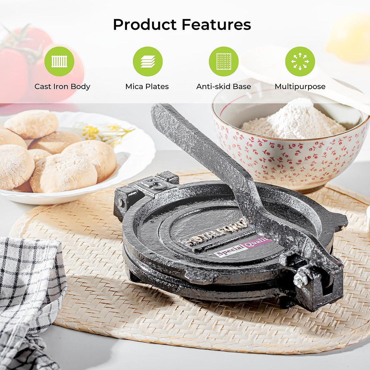 18.5cm Black Cast Iron Manual Chapati and Roti Maker | Royalford UK