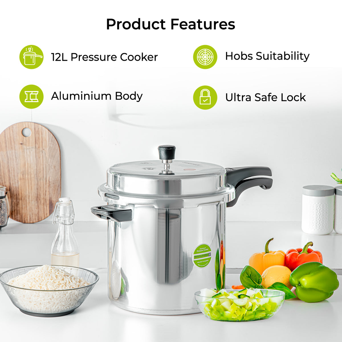 12L Lightweight Aluminium Stovetop Pressure Cooker | Royalford UK