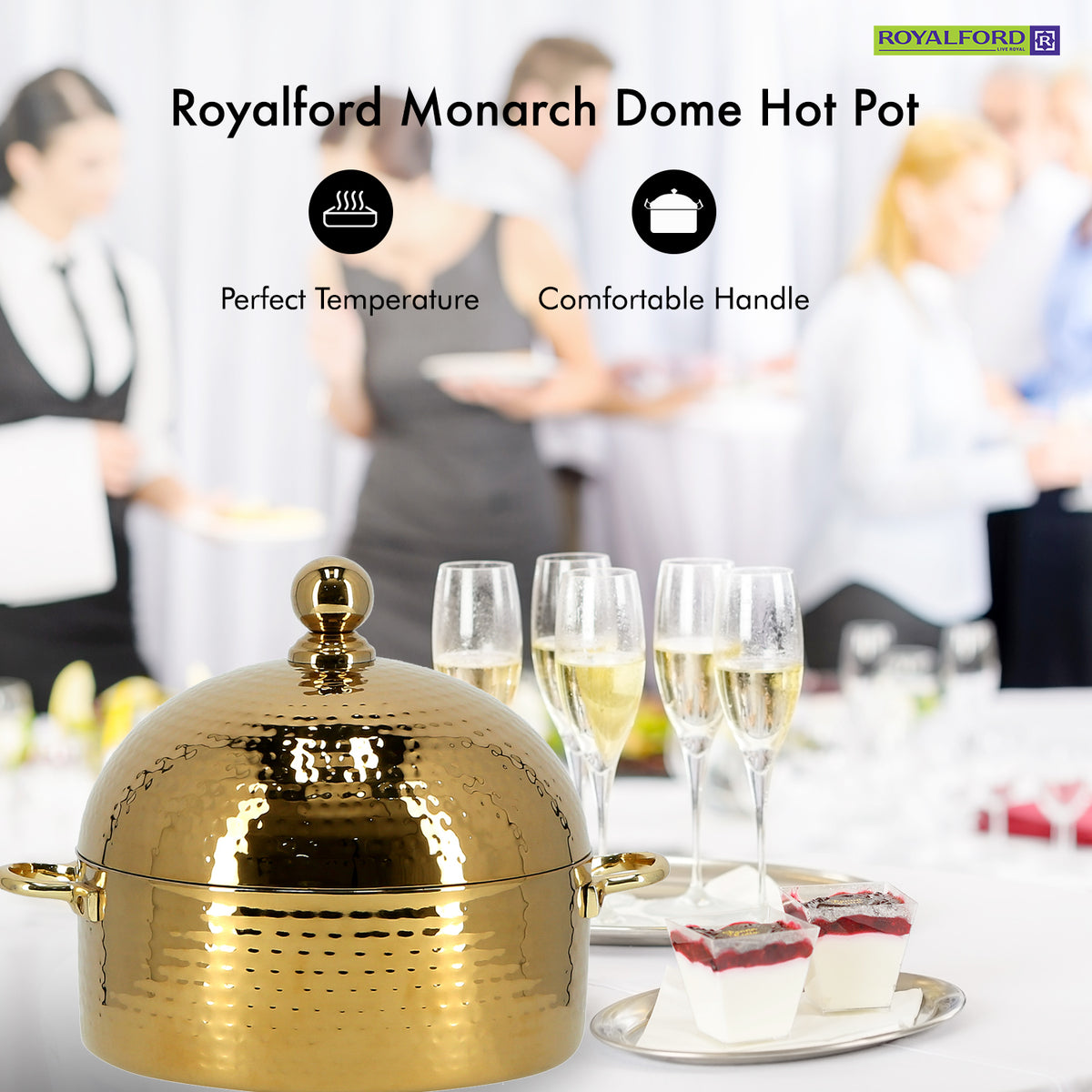 4L Gold Plated Stainless Steel Monarch Dome Hot Pot | Royalford UK