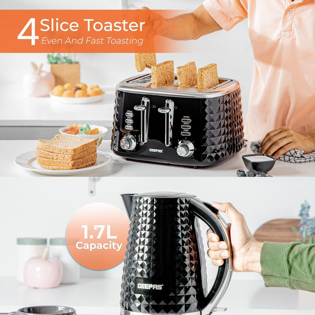 'Diamond' 4 Slice Bread Toaster & 1.7L Cordless Kettle Set | Geepas UK