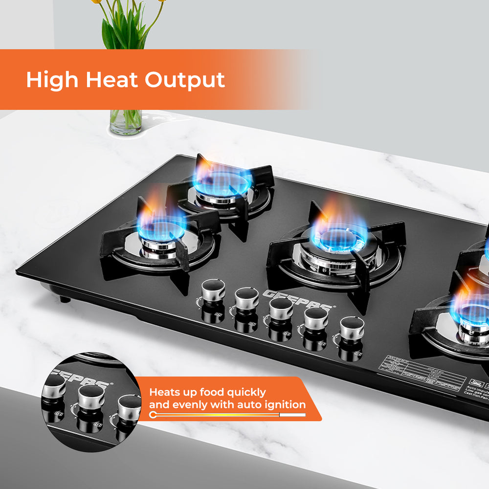 5-Burner Gas Hob Ignition 8mm Tempered Glass Gas Cooker | Geepas UK