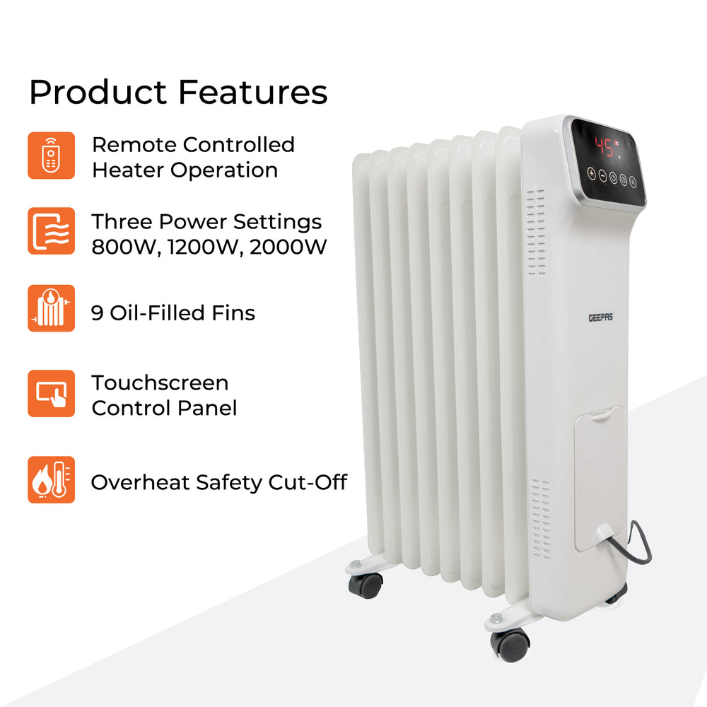 9-Fin Electric Digital Oil Filled Radiator Heater 2000W | Geepas UK