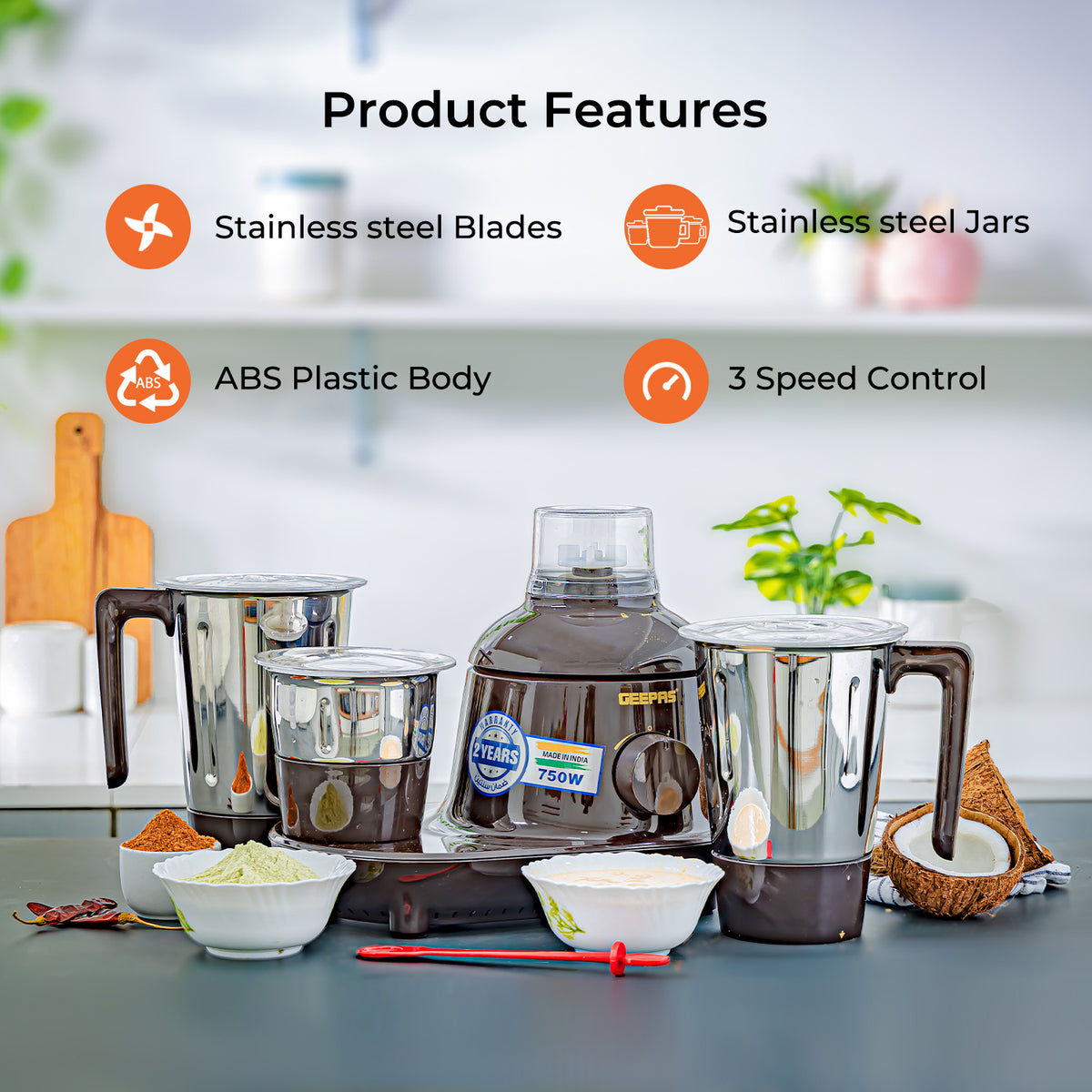 3-in-1 Heavy-Duty Wet & Dry Indian Mixer Grinder 750W | Geepas UK