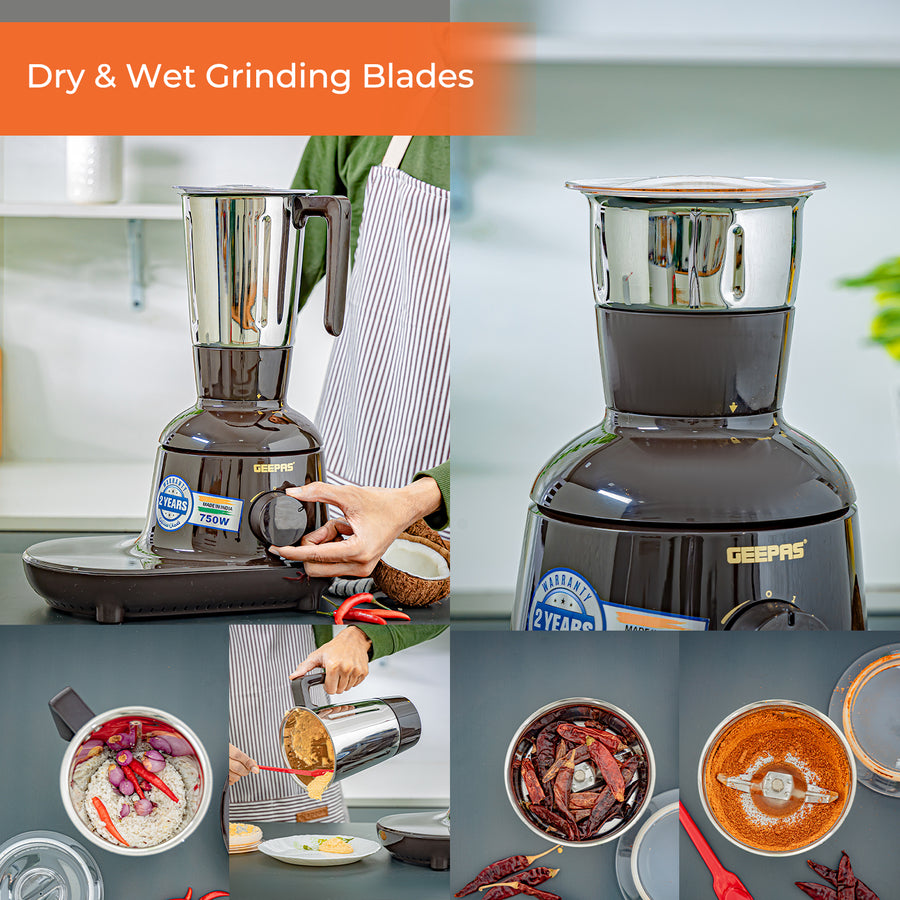 3-in-1 Heavy-Duty Wet & Dry Indian Mixer Grinder 750W | Geepas UK