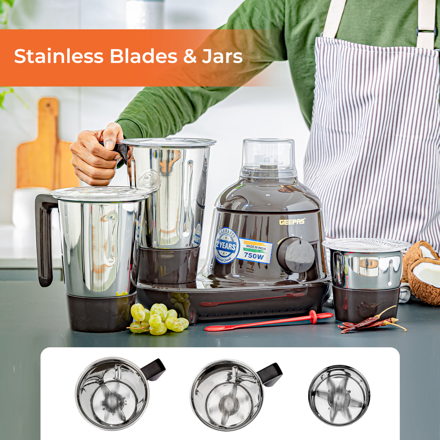 3-in-1 Heavy-Duty Wet & Dry Indian Mixer Grinder 750W | Geepas UK