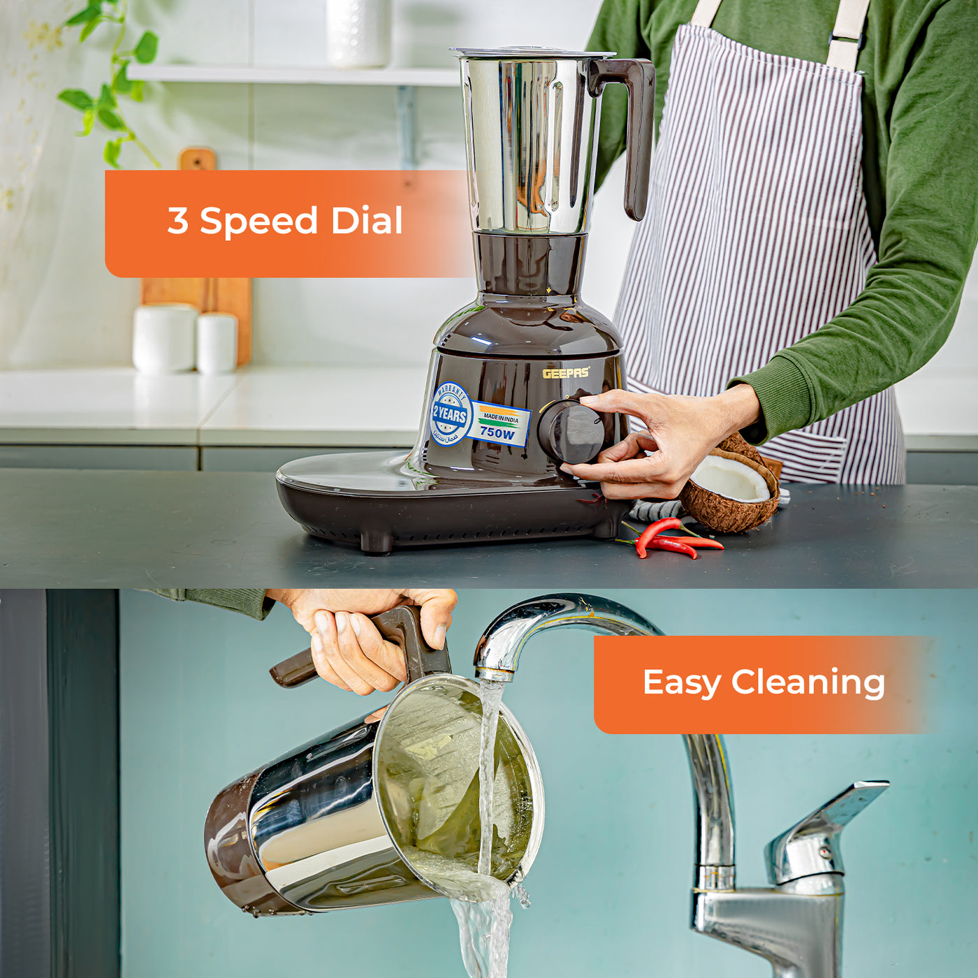 3-in-1 Heavy-Duty Wet & Dry Indian Mixer Grinder 750W | Geepas UK